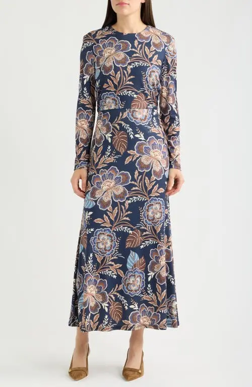 Julia Jordan Floral Long Sleeve Velvet Midi Dress - Navy Multi