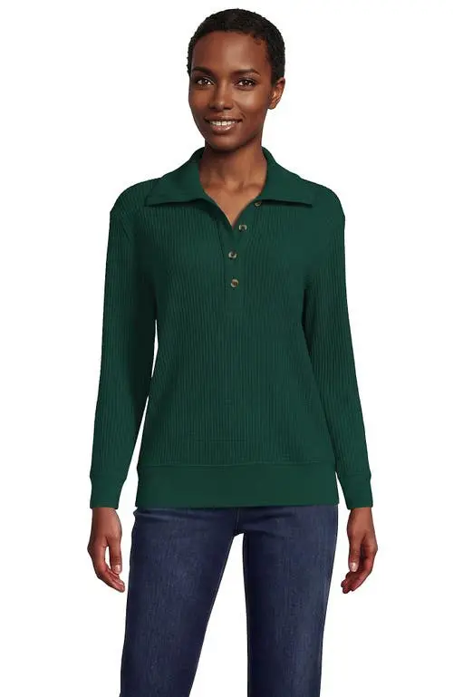 LANDS' END Long Sleeve Waffle Button Up Henley - Pine
