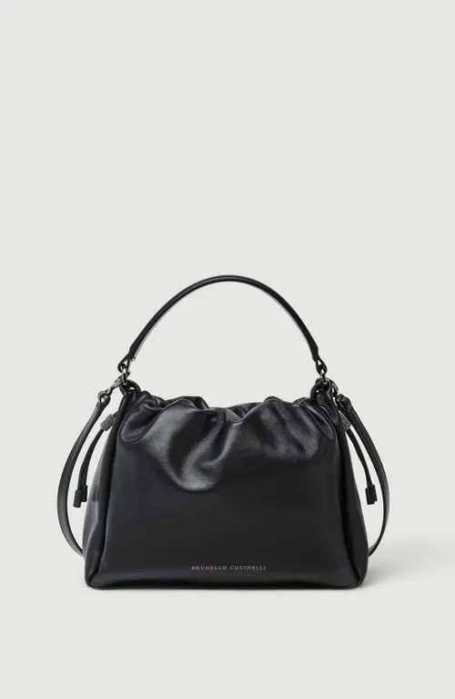 Brunello Cucinelli Mellow Small Bucket Bag In Soft Leather With Monili - Black