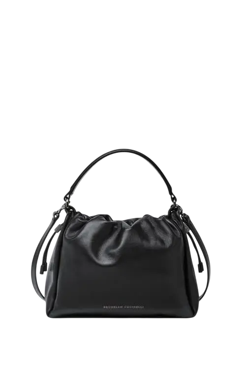 Brunello Cucinelli Mellow Small Bucket Bag In Soft Leather With Monili - Black