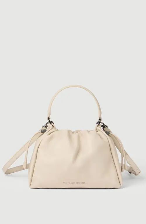 Brunello Cucinelli Mellow Small Bucket Bag In Soft Leather With Monili - Ivory