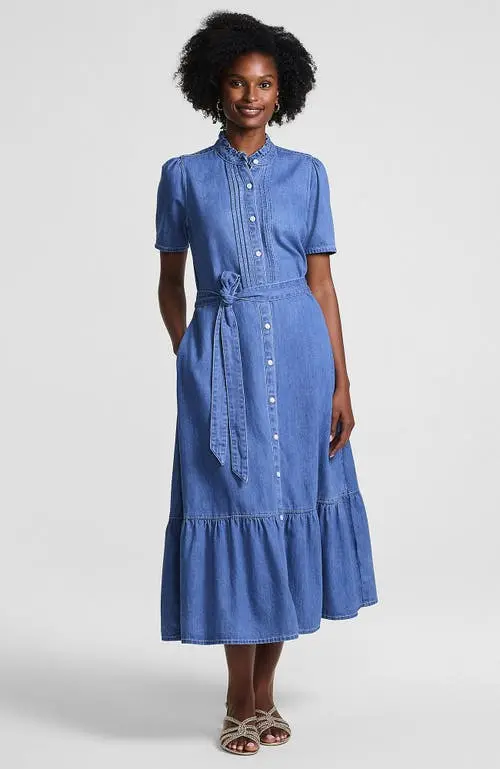 LANDS' END Light Weight Denim Tiered Midi Dress - Light Indigo