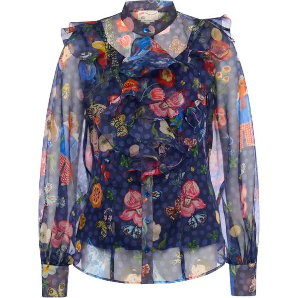 MAISON COMMON Printed Silk Organza Blouse With Ruffles