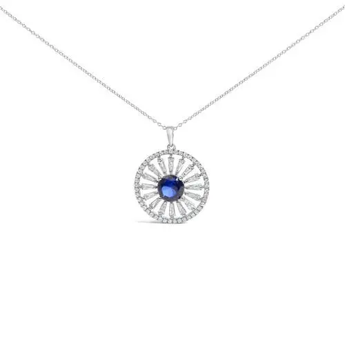 HAUS OF BRILLIANCE Sterling Lab Grown Sapphire And 1.0 Cttw Baguette Diamond Medallion Pendant Necklace - Silver
