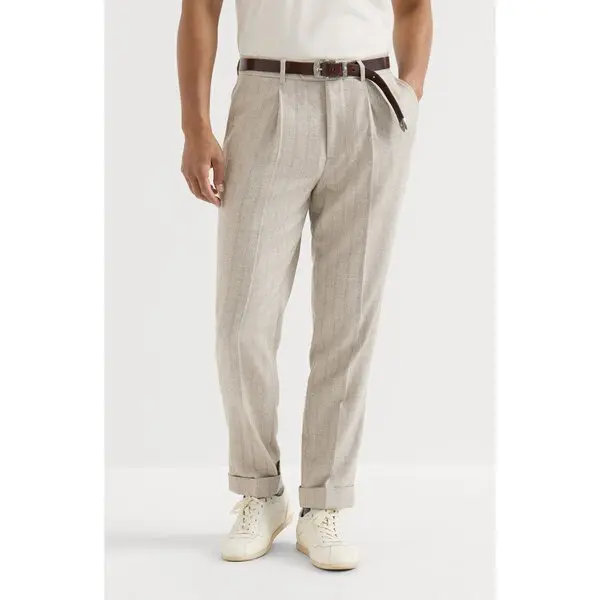 Brunello Cucinelli Striped Cashmere And Silk Diagonal Flannel Trousers With Pince - Grey