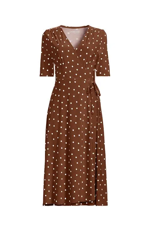 LANDS' END Silky Knit Elbow Sleeve Wrap Midi Dress