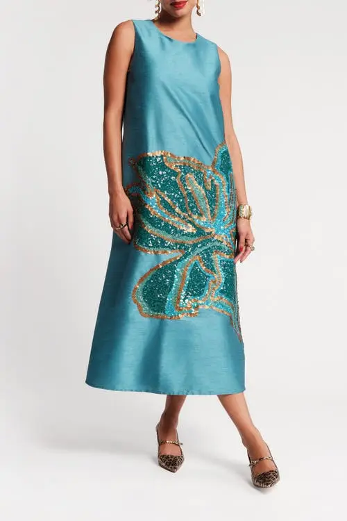 FRANCES VALENTINE Alice Midi Dress Fringed Tulip - Teal