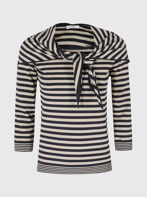 Max Mara Slim Fit Striped Wool Crewneck Jumper With Pussy-bow Neck - Gray
