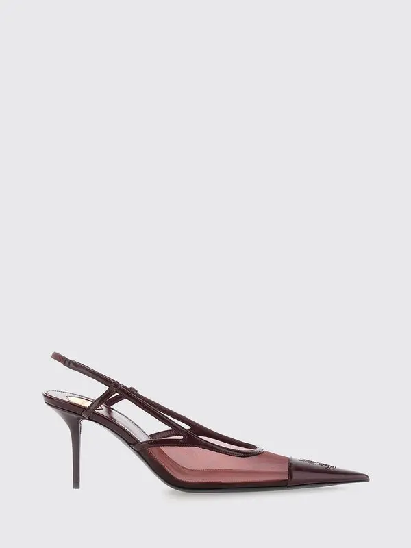 Saint Laurent Renee Mesh And Leather Slingback Pumps With Monogram And Mid Heel - Burgundy