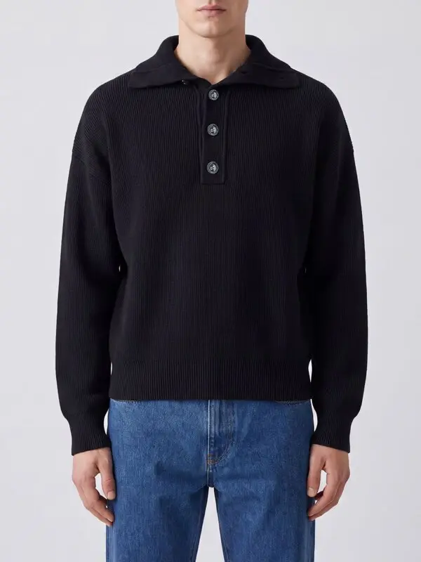 AMI Paris High Neck Wool Jumper With 4-button Placket - Black