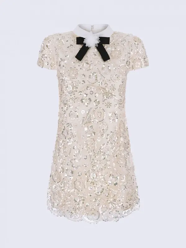 SELF-PORTRAIT Sequin-embroidered Tulle Sheath Mini Dress With Bow