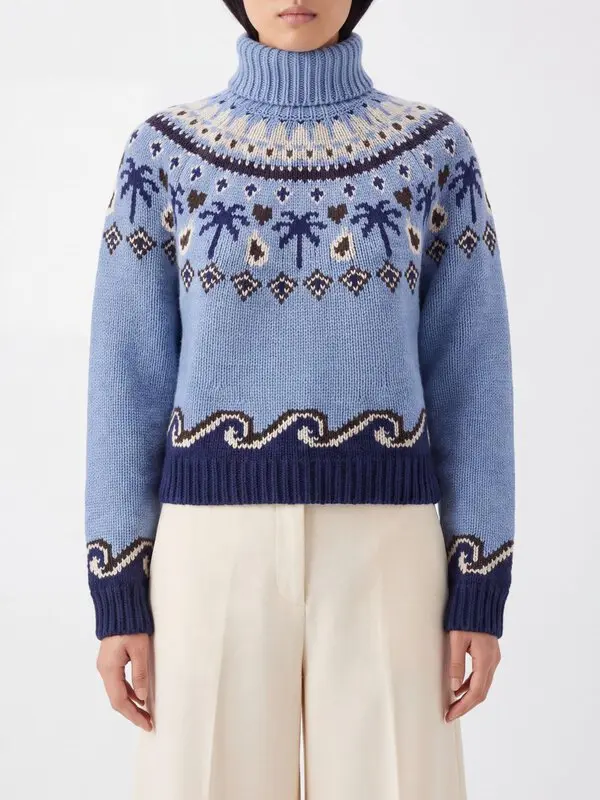 Alanui Turtleneck Jumper In Pure Virgin Wool With Abstract Jacquard Pattern - Sky