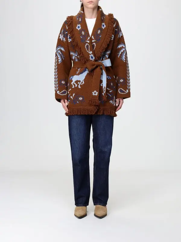 Alanui Jacquard Wool And Cashmere Blend Cardigan With Fringed Trim And Belt - Brown