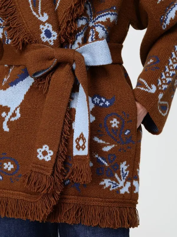 Alanui Jacquard Wool And Cashmere Blend Cardigan With Fringed Trim And Belt - Brown