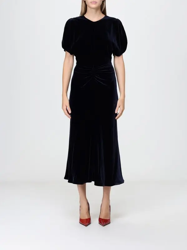 Victoria Beckham Bela Velvet Midi Sheath Dress With Puff Sleeves