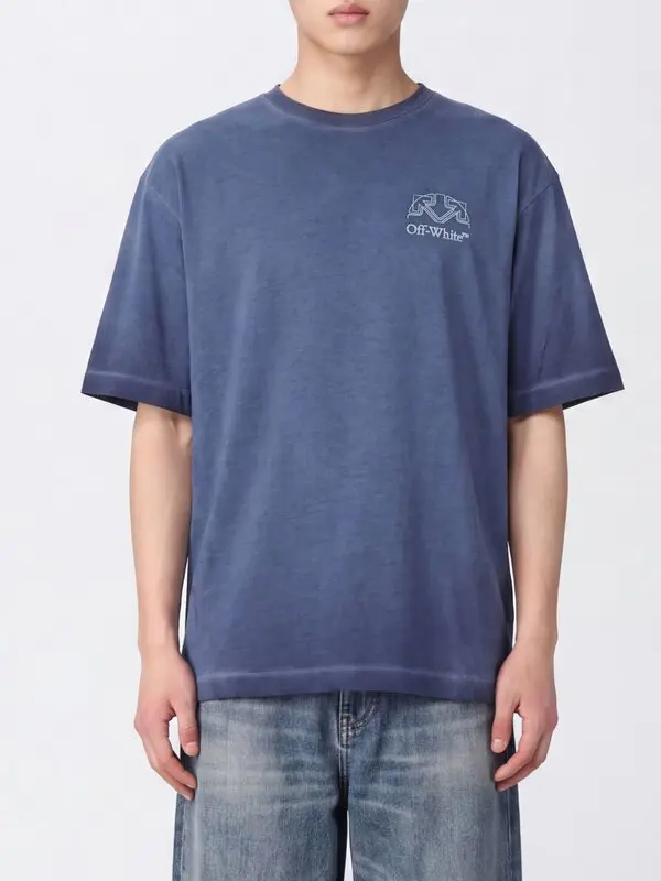 Off-White Crewneck T-shirt In Modal And Silk Blend With Contrast Logo - Blue