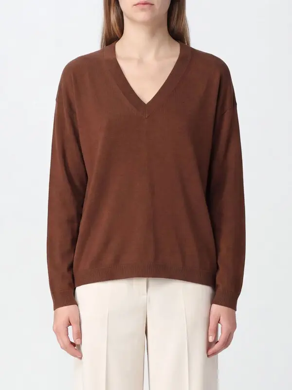SEMICOUTURE Pure Virgin Wool V-neck Jumper With Dropped Shoulders - Brown