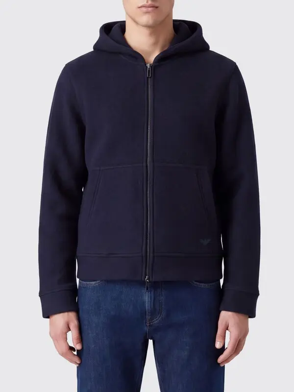 Emporio Armani Hooded Wool And Cotton Blend Zip-up Sweatshirt - Blue