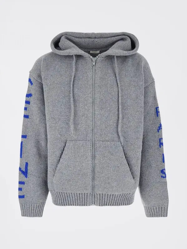 Celine Zip-up Hoodie In Knitted Wool With Jacquard Logo - Grey