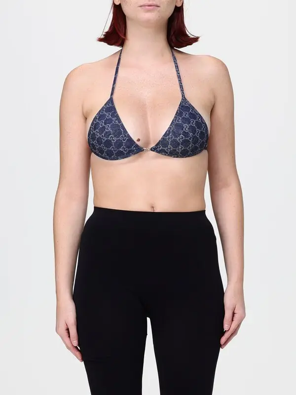 Gucci Cropped Triangle Top In Denim With All-over Gg Monogram Motif - Blue