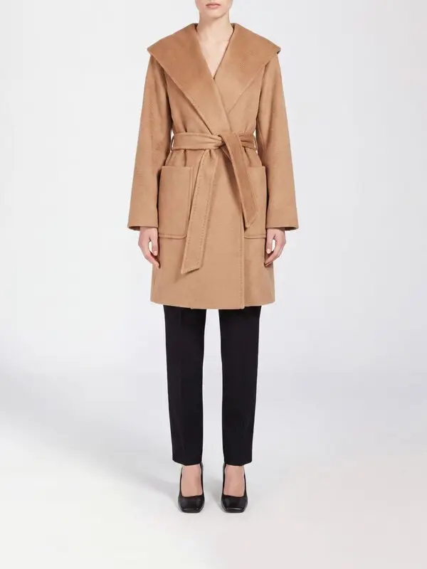 Max Mara Knee-length Camel Wool Robe Coat With Shawl Collar And Belt