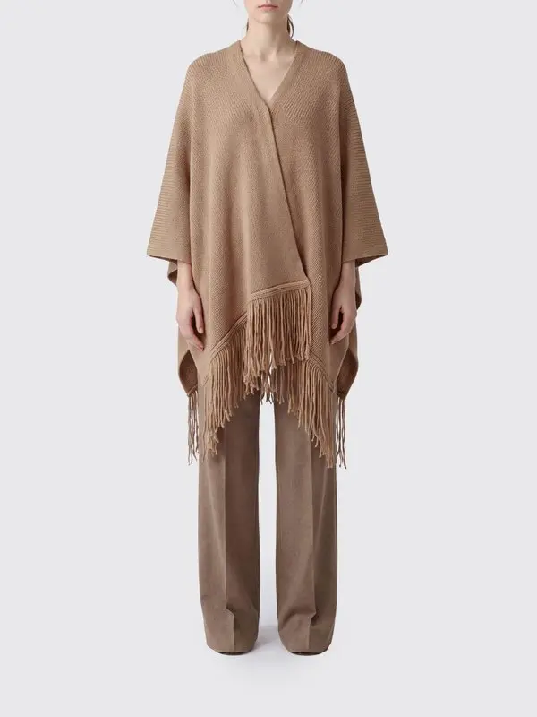 Max Mara Knee-length Wrap Cape In Wool And Cashmere With Fringed Hem - Brown