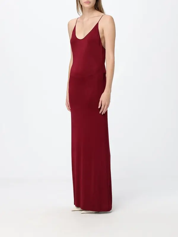 Saint Laurent Long Slip Dress In Stretch Viscose With Thin Straps - Red