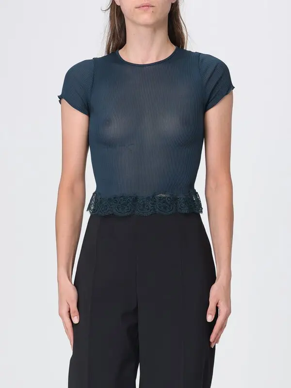 Saint Laurent Cropped Sheer Silk Top With Short Sleeves And Lace Inserts - Green
