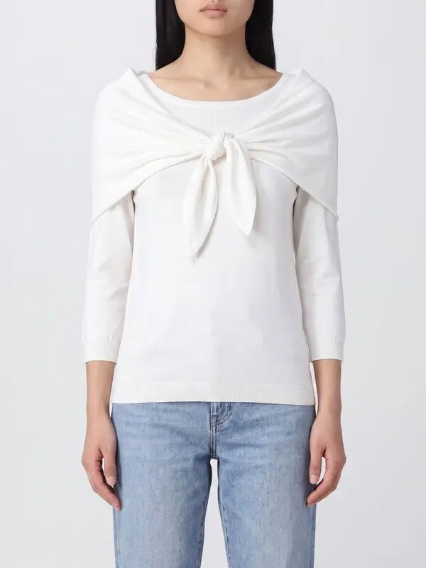Max Mara Slim Fit Striped Wool Crewneck Jumper With Pussy-bow Neck - White