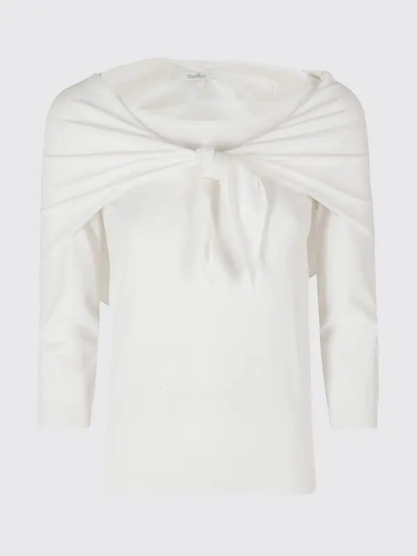 Max Mara Slim Fit Striped Wool Crewneck Jumper With Pussy-bow Neck - White