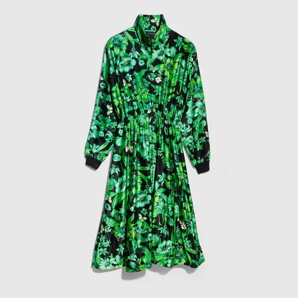 Gucci Printed Shiny Stretch Silk Long Dress - Green