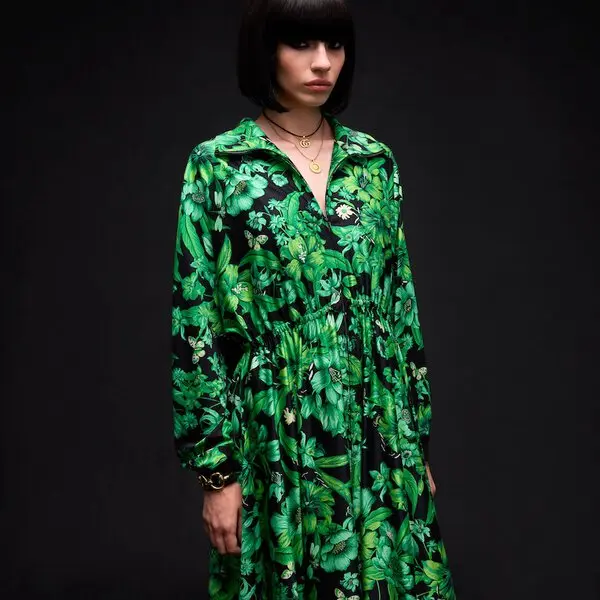 Gucci Printed Shiny Stretch Silk Long Dress