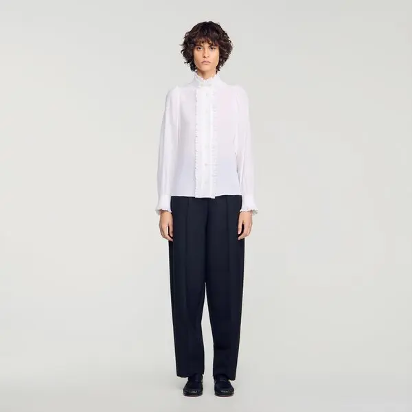 Sandro Silk Shirt With Gathered Collar - White