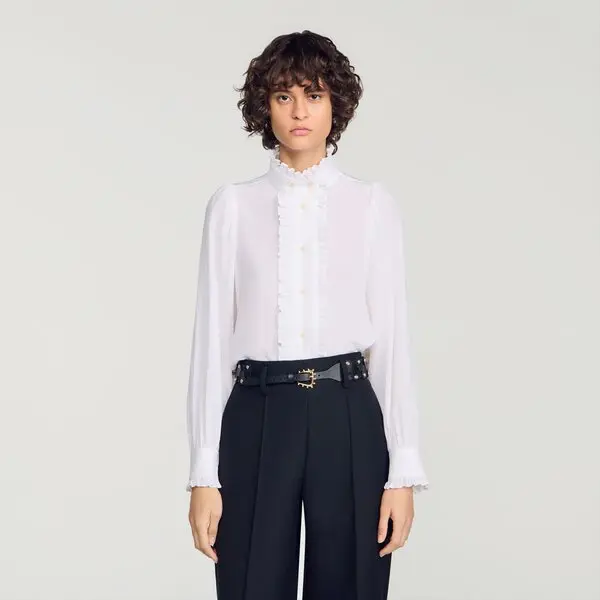 Sandro Silk Shirt With Gathered Collar - White