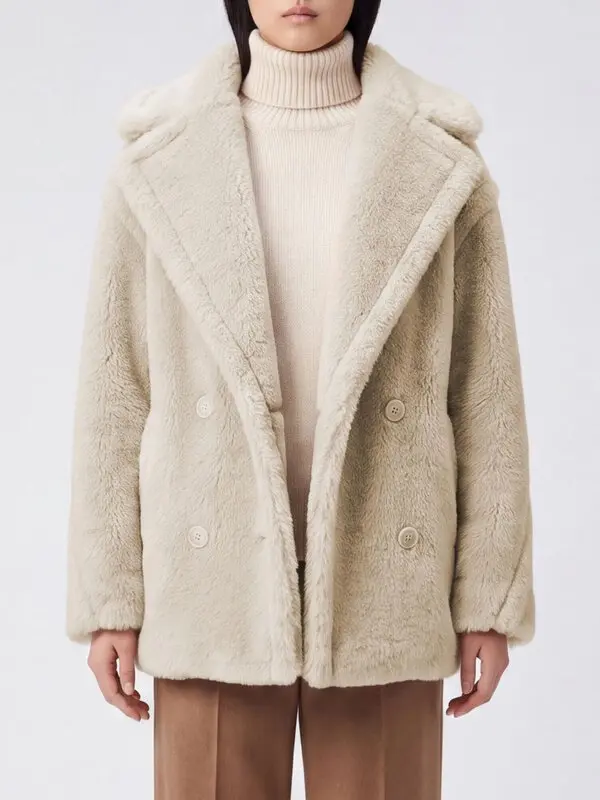 Max Mara Short Double-breasted Faux-fur Effect Coat In A Wool Blend - White