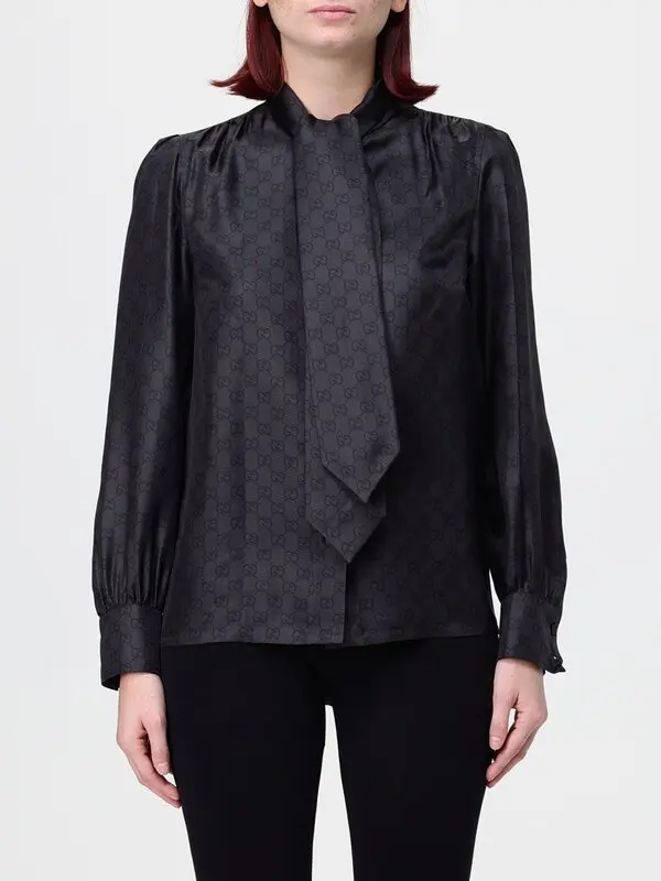 Gucci Pussy-bow Blouse In Pure Silk With All-over Gg Monogram - Black