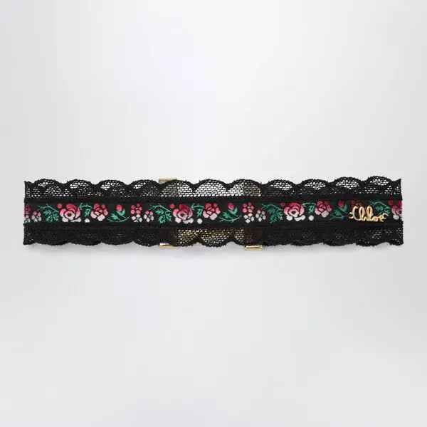 Chloé Choker Necklace In Lace And Floral Jacquard Ribbon - Black