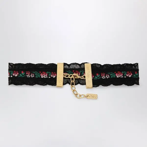 Chloé Choker Necklace In Lace And Floral Jacquard Ribbon - Black