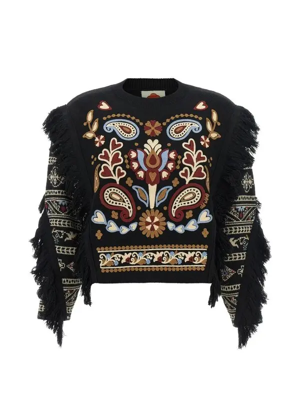 Farm Rio Knit Fringe Sweater - Black