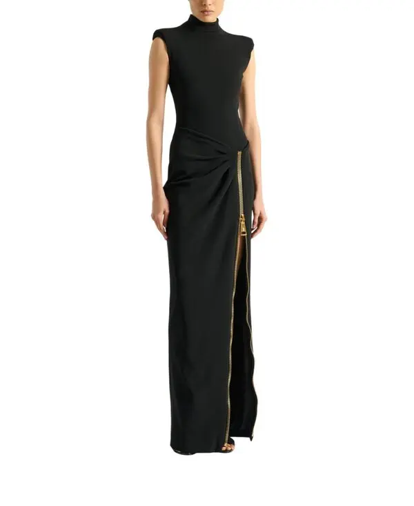 Balmain Long Jersey Dress With Leg Slit - Black