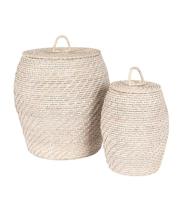 OLIVE GROVE Decorative Hand-woven Rattan Storage Baskets With Lids, Set Of 2 - Whitewashed