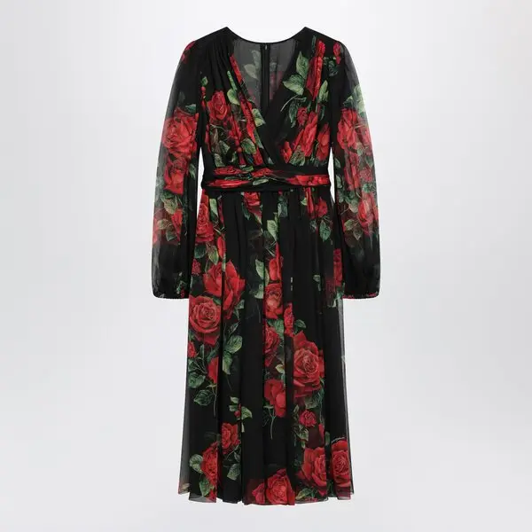 Dolce & Gabbana Dress With Rose Print In Silk Chiffon - Black