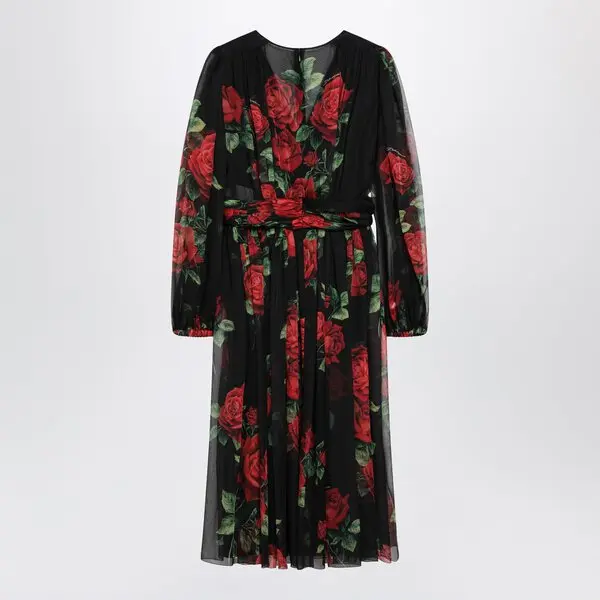 Dolce & Gabbana Dress With Rose Print In Silk Chiffon - Black