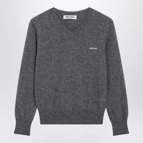 Miu Miu Slate V-neck Sweater In Wool - Gray