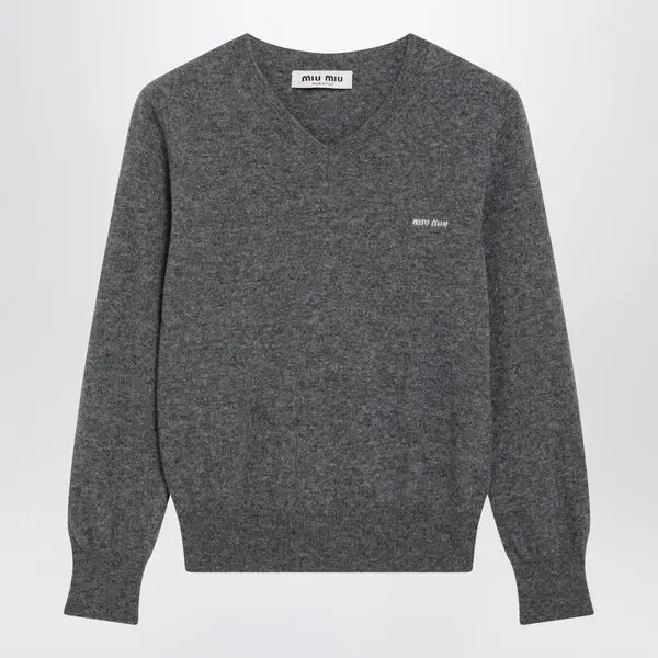 Miu Miu Slate V-neck Sweater In Wool - Gray