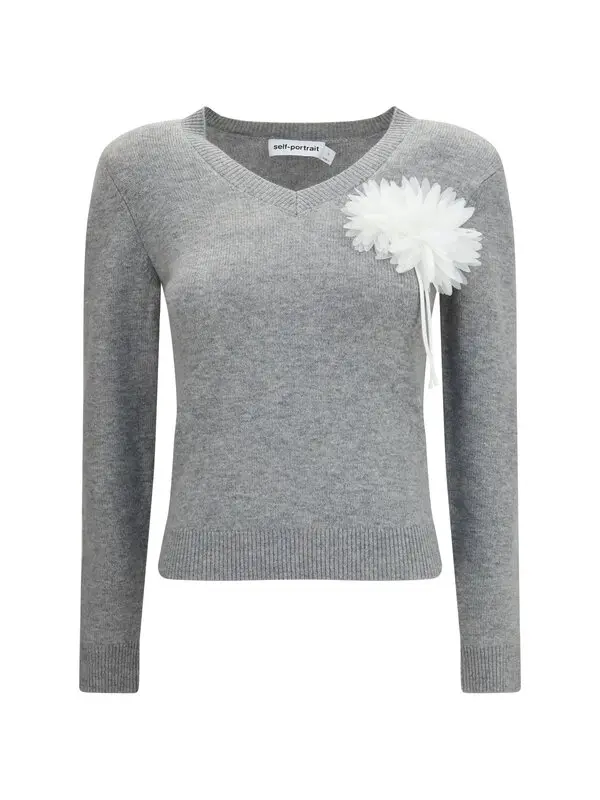 SELF-PORTRAIT Wool And Cashmere Blend Jumper With Floral Corsage - Gray