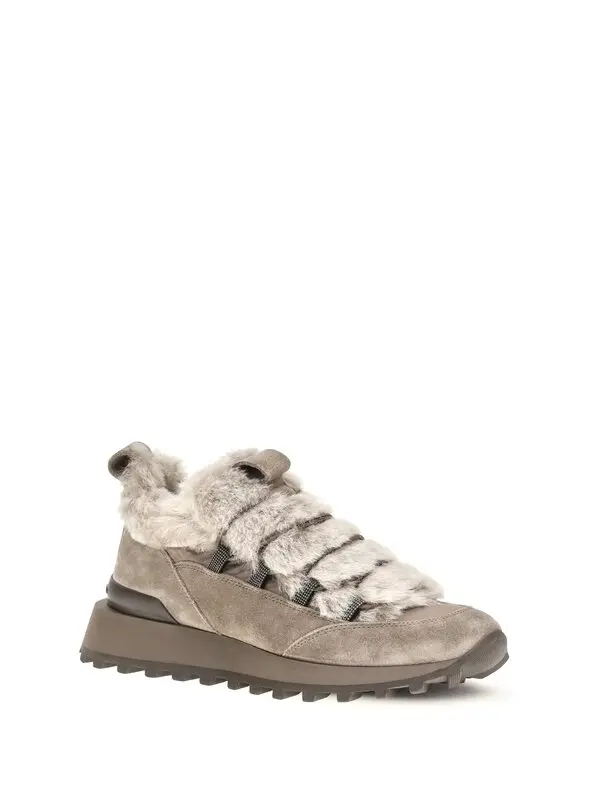 Brunello Cucinelli Suede And Tech Cotton Sneakers With Shearling Lining And Monili Detail - Gray