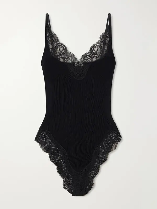 Saint Laurent Ribbed Lace-trimmed Silk-jersey Bodysuit - Black