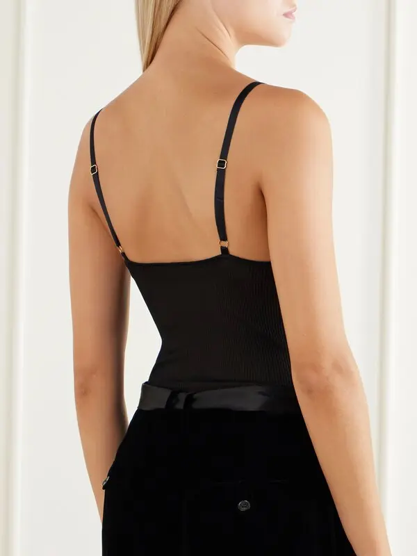 Saint Laurent Ribbed Lace-trimmed Silk-jersey Bodysuit