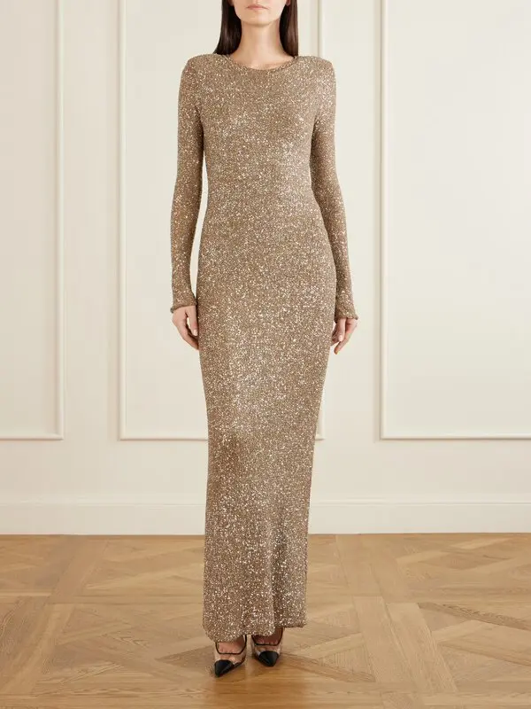 Saint Laurent Sequined Knitted Maxi Dress - Gold